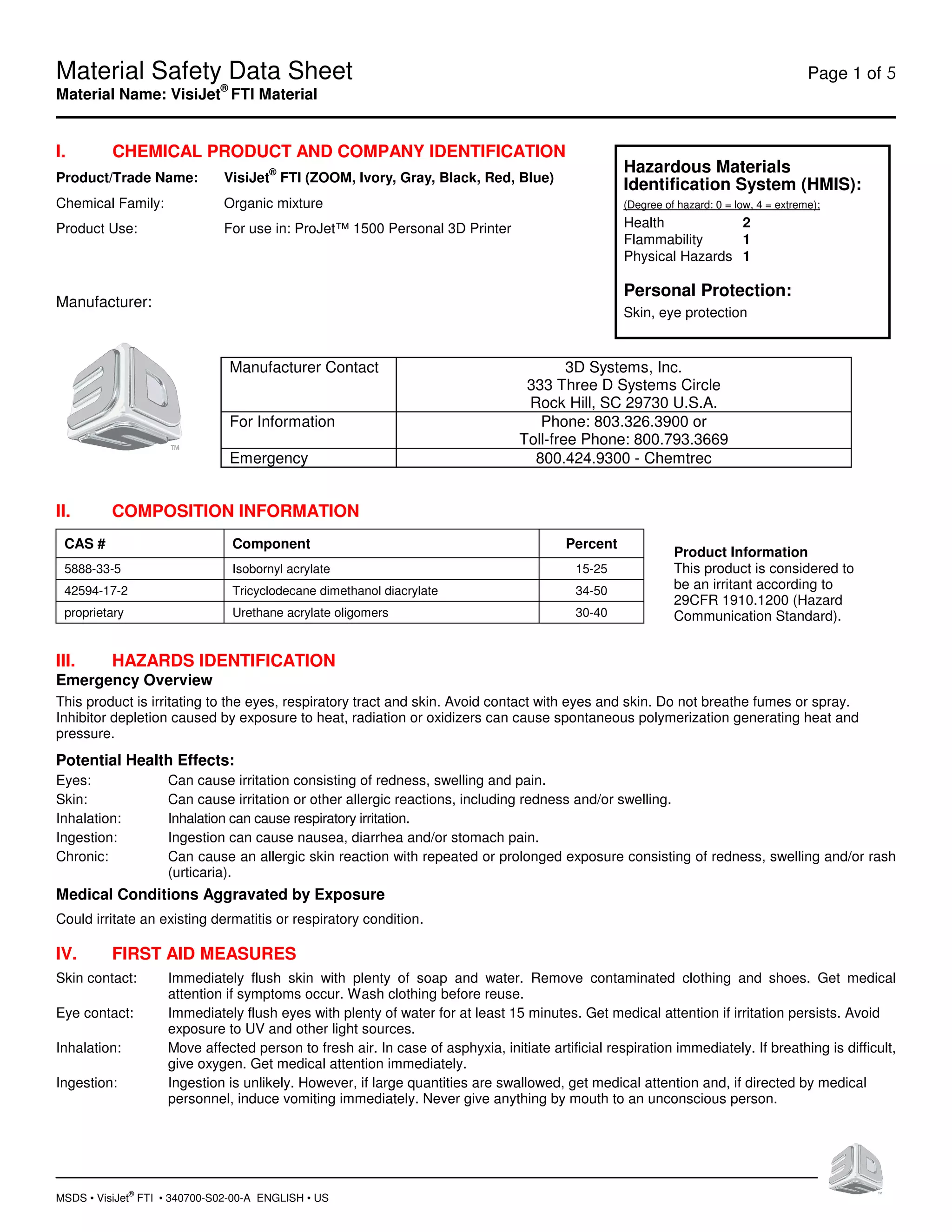 MSDS for the VisiJet FTI | PDF