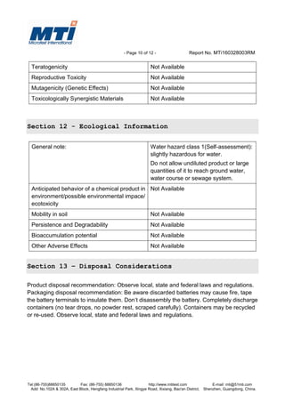 MSDS 18650 Lithium Ion Cell Battery Product Safety Document | PDF