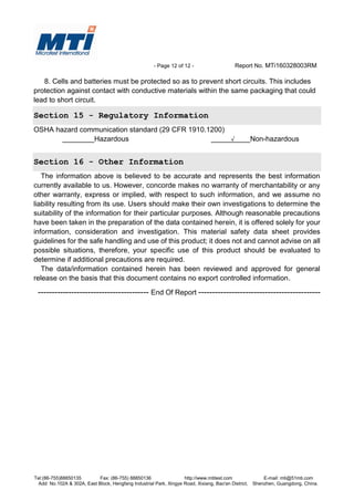 MSDS 18650 Lithium Ion Cell Battery Product Safety Document | PDF