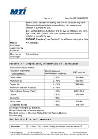MSDS 18650 Lithium Ion Cell Battery Product Safety Document | PDF