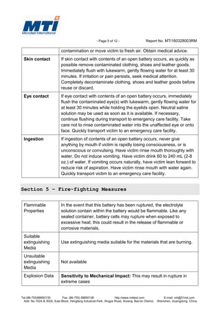 MSDS 18650 Lithium Ion Cell Battery Product Safety Document | PDF