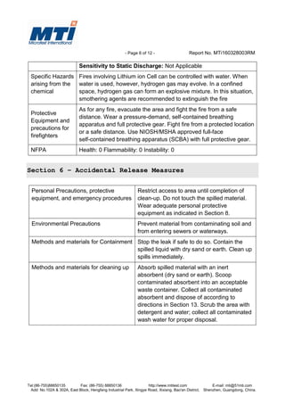 MSDS 18650 Lithium Ion Cell Battery Product Safety Document | PDF