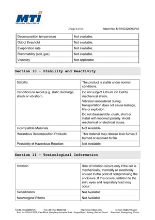 MSDS 18650 Lithium Ion Cell Battery Product Safety Document | PDF