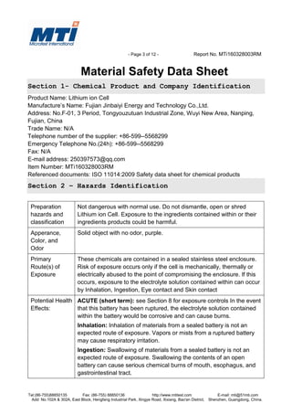 MSDS 18650 Lithium Ion Cell Battery Product Safety Document | PDF