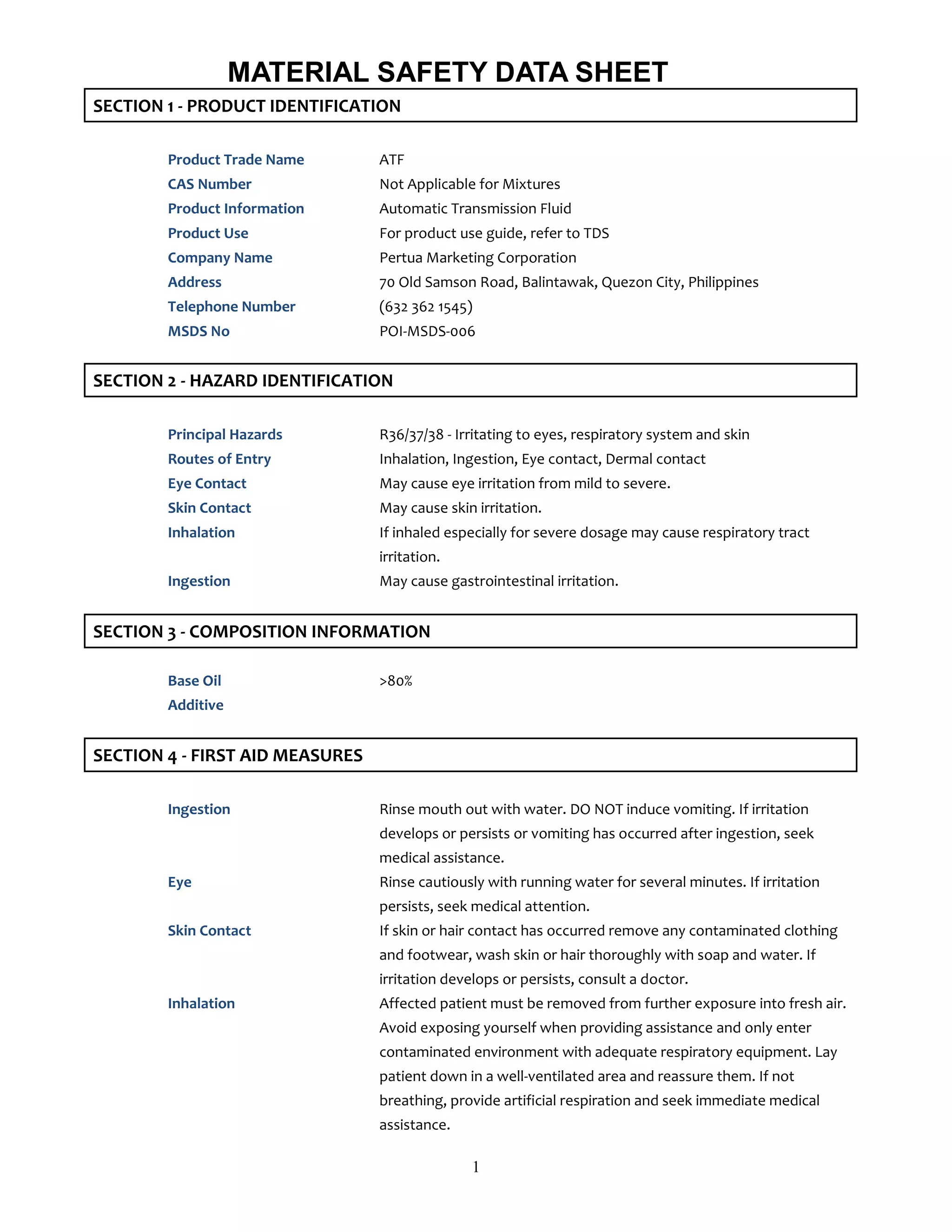 Pertua's Automatic Transmission Fluid - Material Safety Data Sheet | PDF