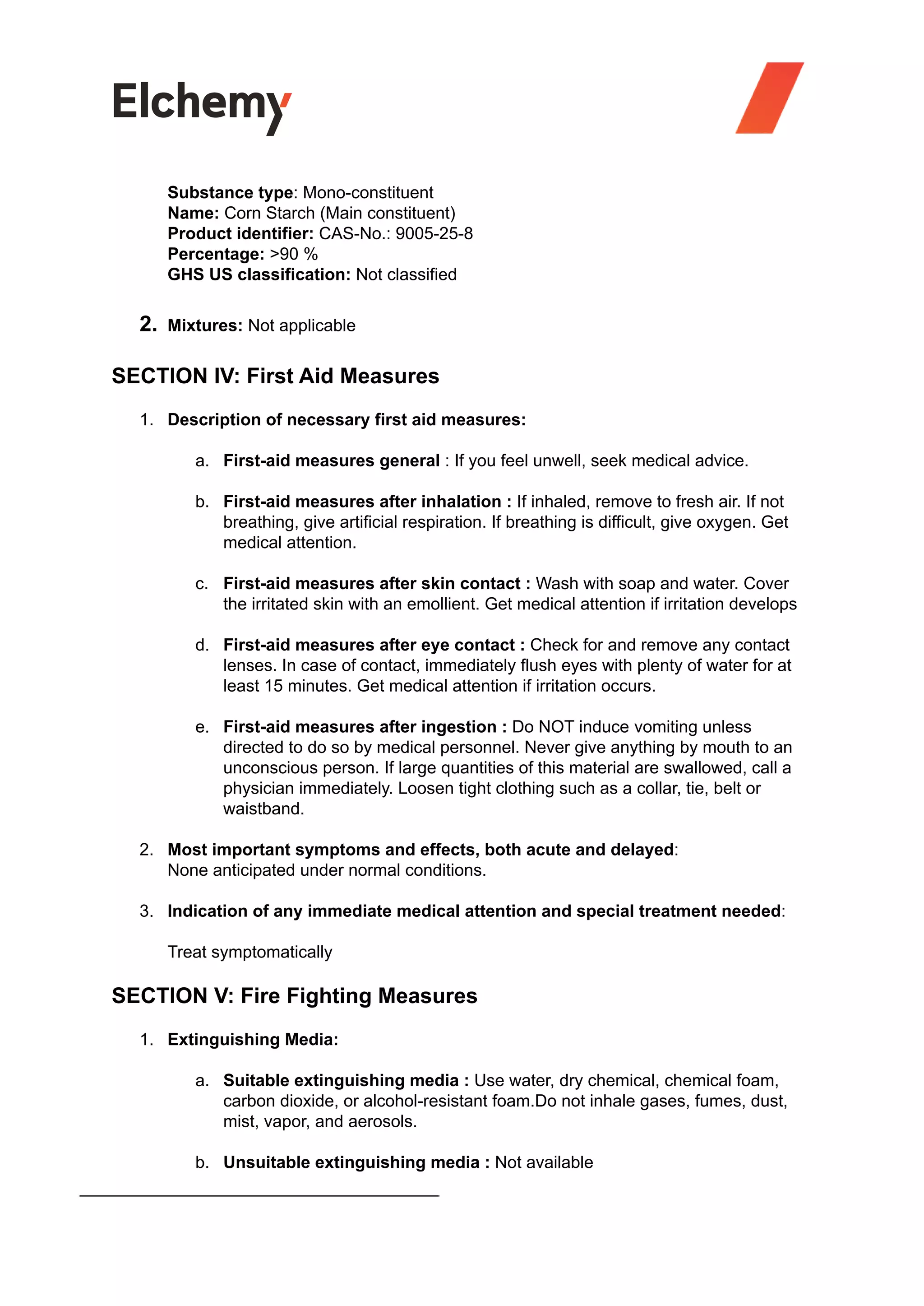 Corn Starch MSDS | Elchemy | PDF | First Aid | Injuries