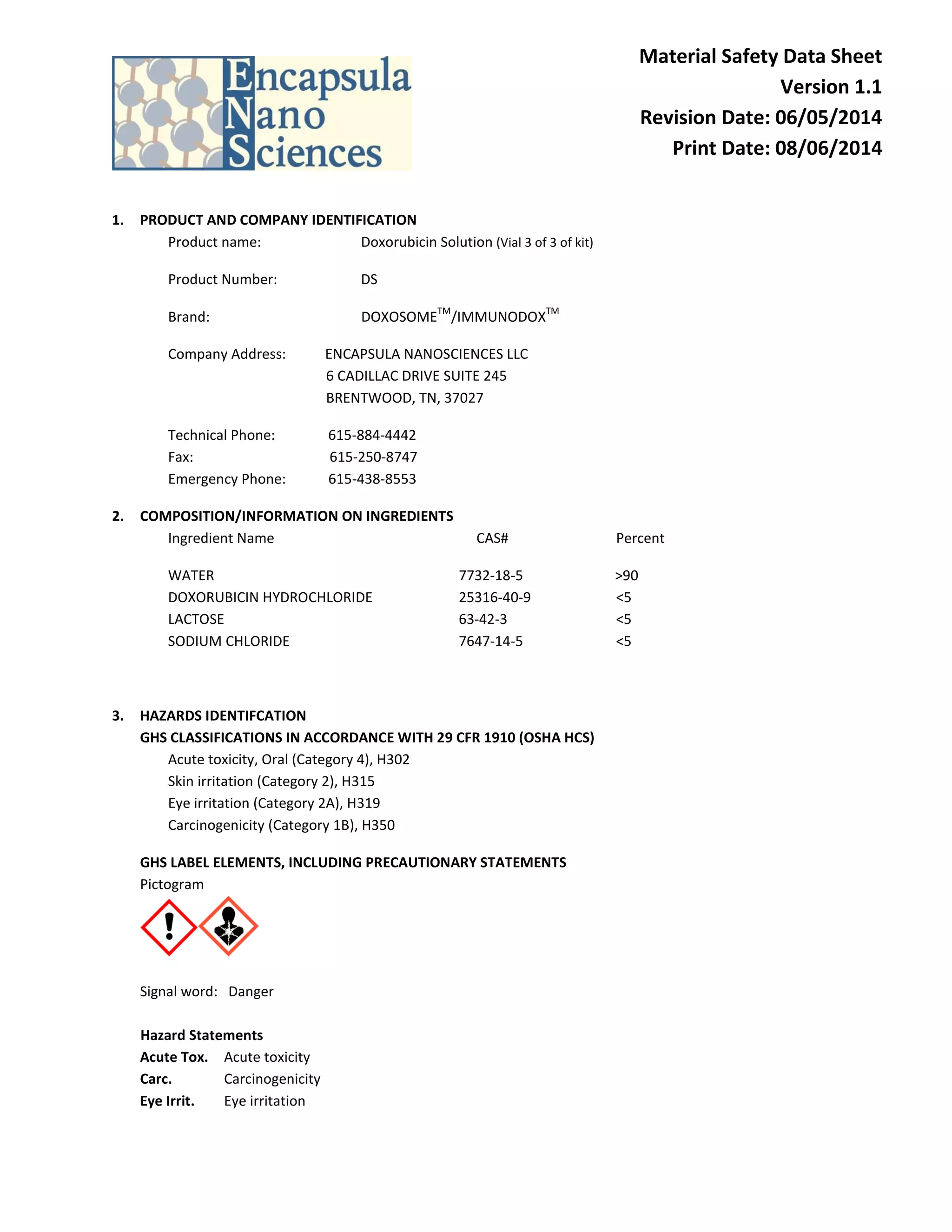 MSDS for Doxorubicin Solution used for Remoted Loading of Non-PEGylated ...