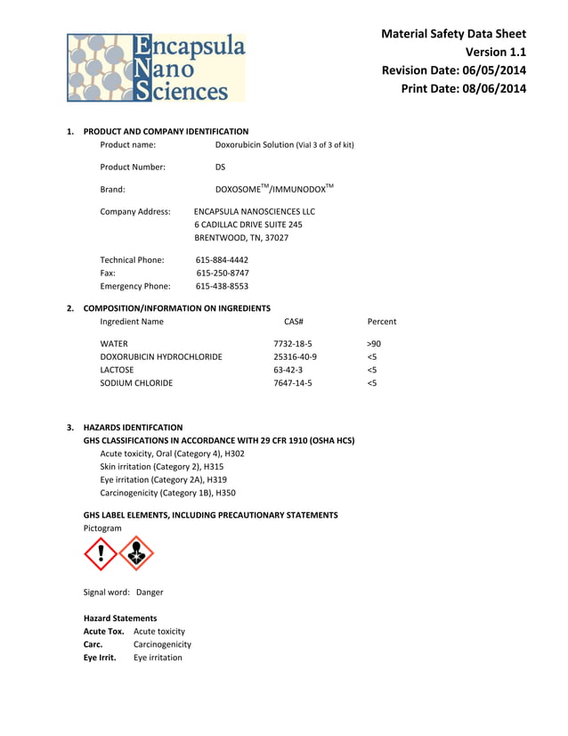 MSDS for Doxorubicin Solution used for Remoted Loading of Non-PEGylated ...
