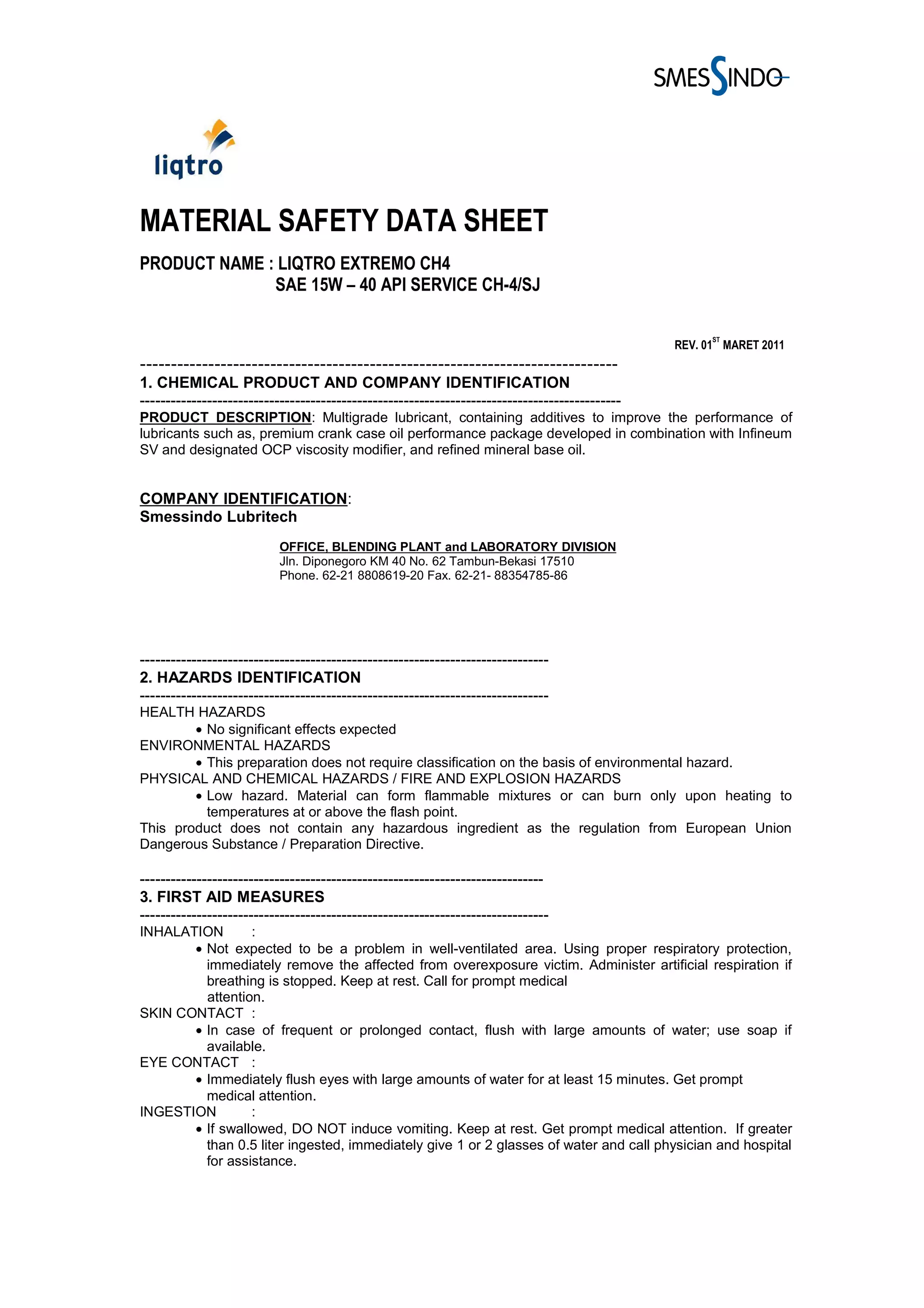 Extremo CH4-SJ SAE 15W-40 (Material Safety Data Sheet) | PDF