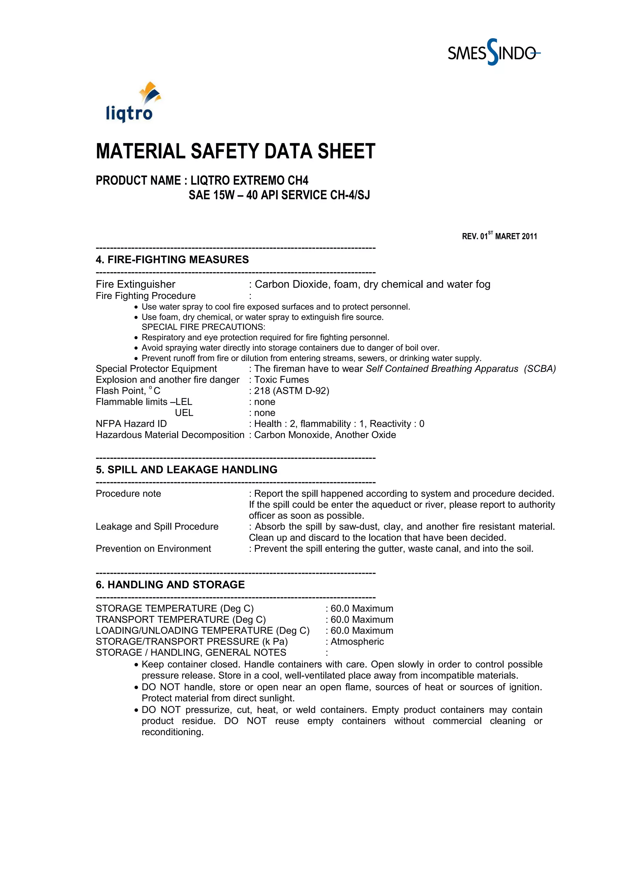 Extremo CH4-SJ SAE 15W-40 (Material Safety Data Sheet) | PDF