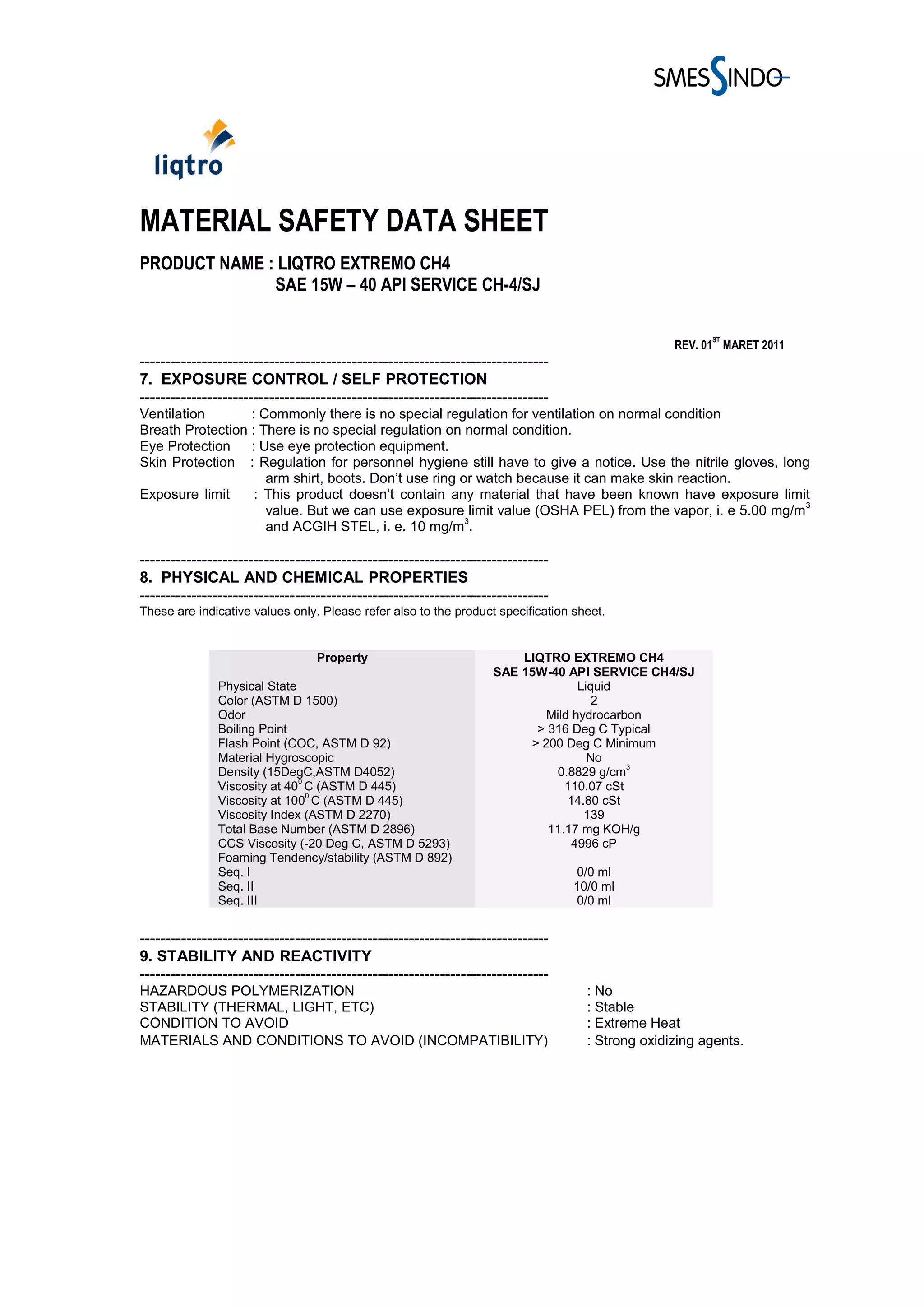 Extremo CH4-SJ SAE 15W-40 (Material Safety Data Sheet) | PDF