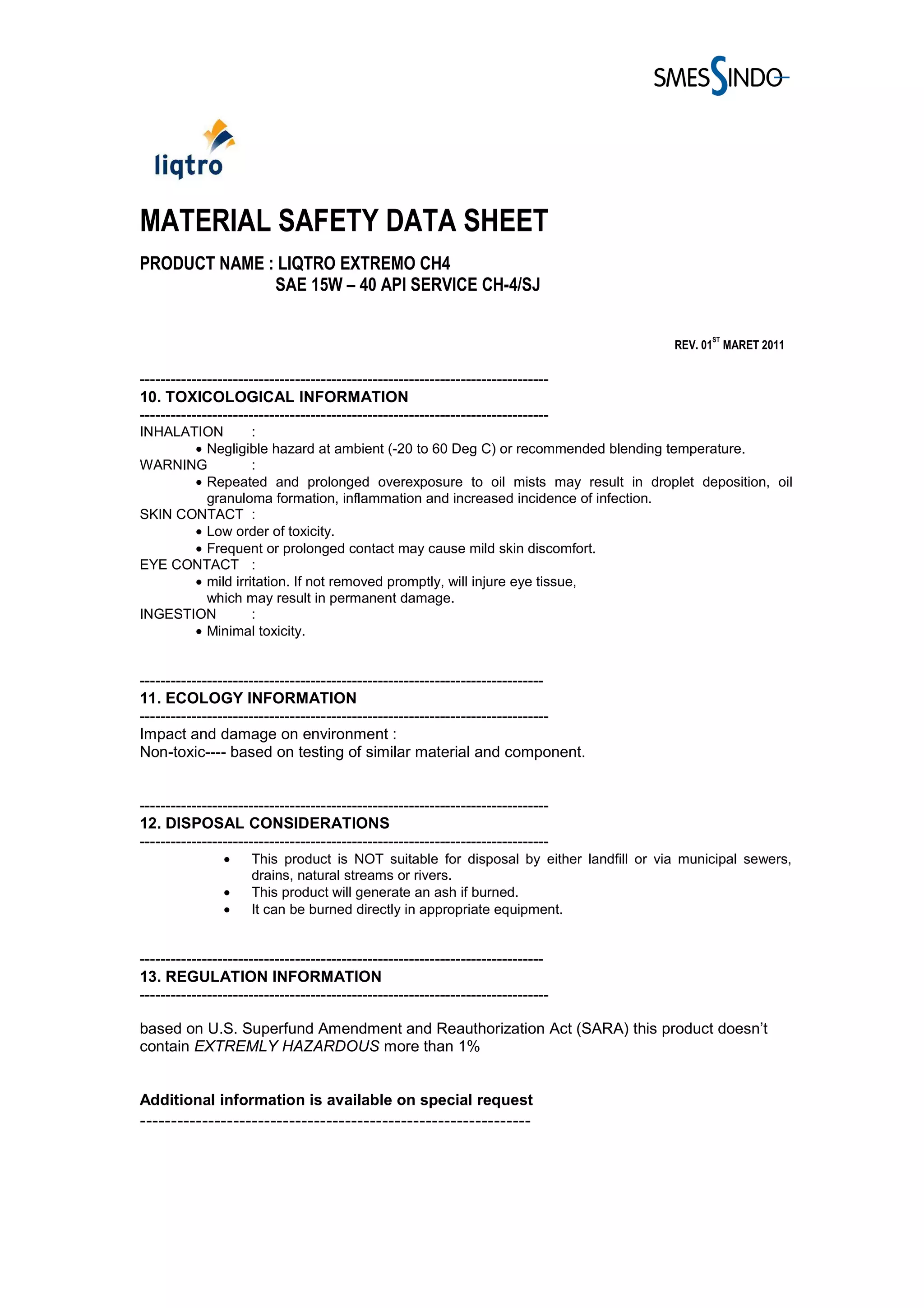 Extremo CH4-SJ SAE 15W-40 (Material Safety Data Sheet) | PDF