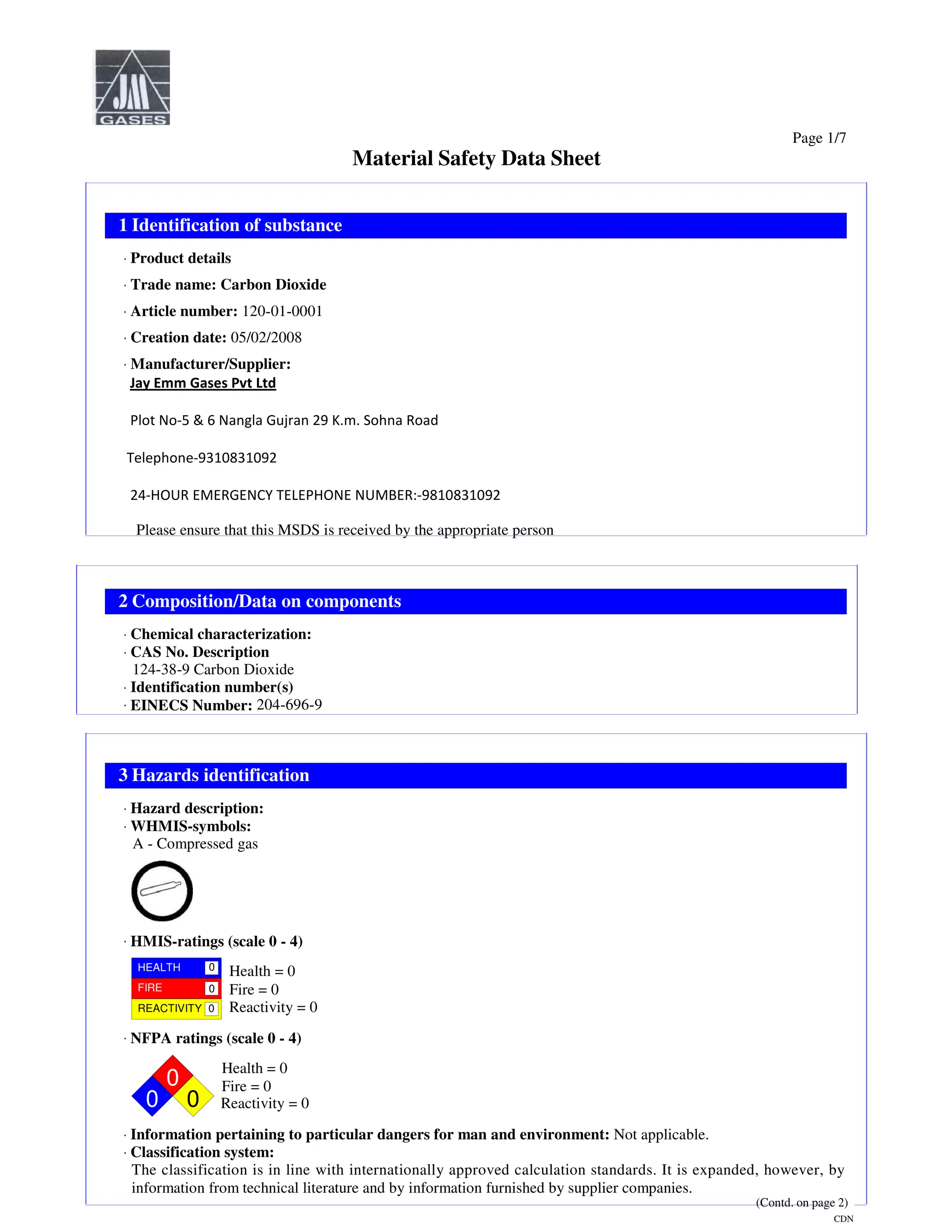MSDS OF CARBON DIOXIDE GAS, SAFETY PRECAUTION WHILE HANDLING CO2 | PDF