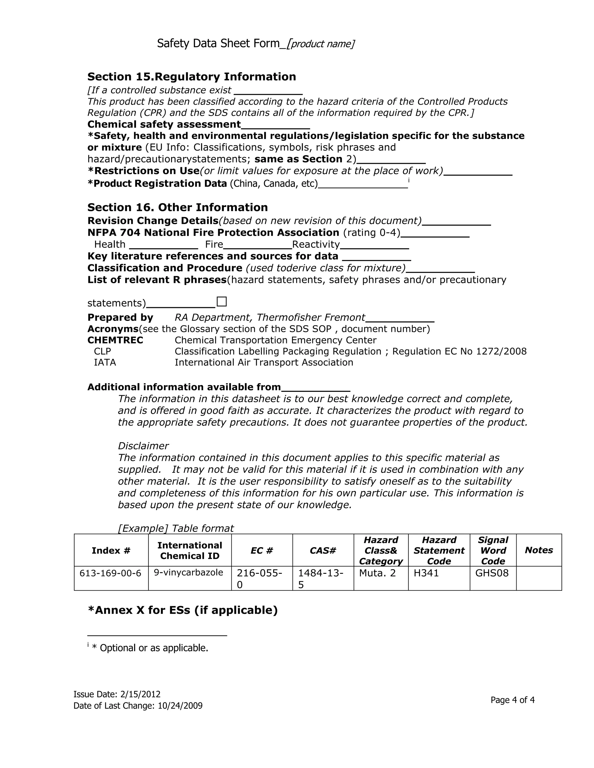Msds form template connie dello buono 2012 | PDF