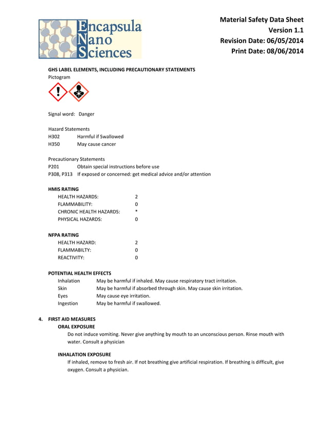 MSDS for PEGylated liposomal Doxorubicin containing aldehyde reactive ...