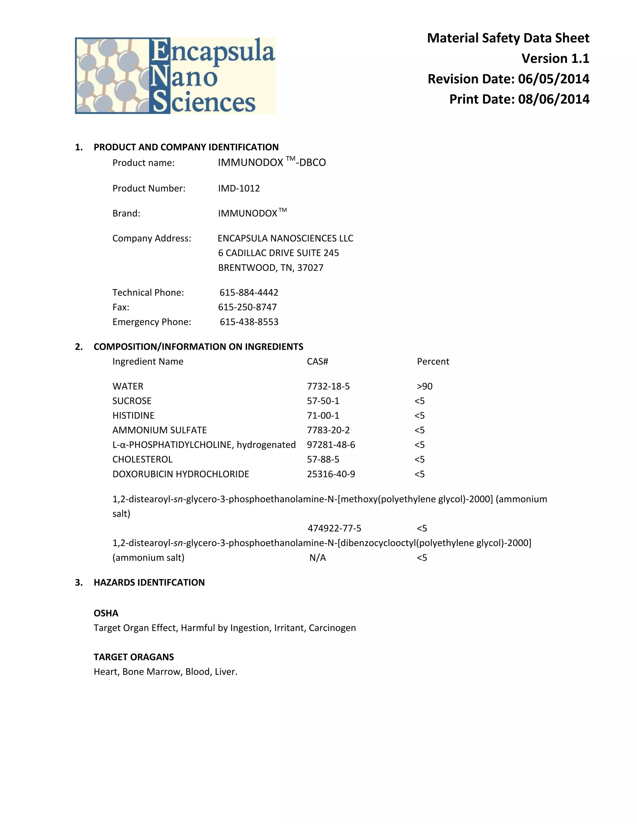 MSDS for PEGylated liposomal Doxorubicin containing DBCO lipid for conjugation_IMMUNODOX_DBCO ...