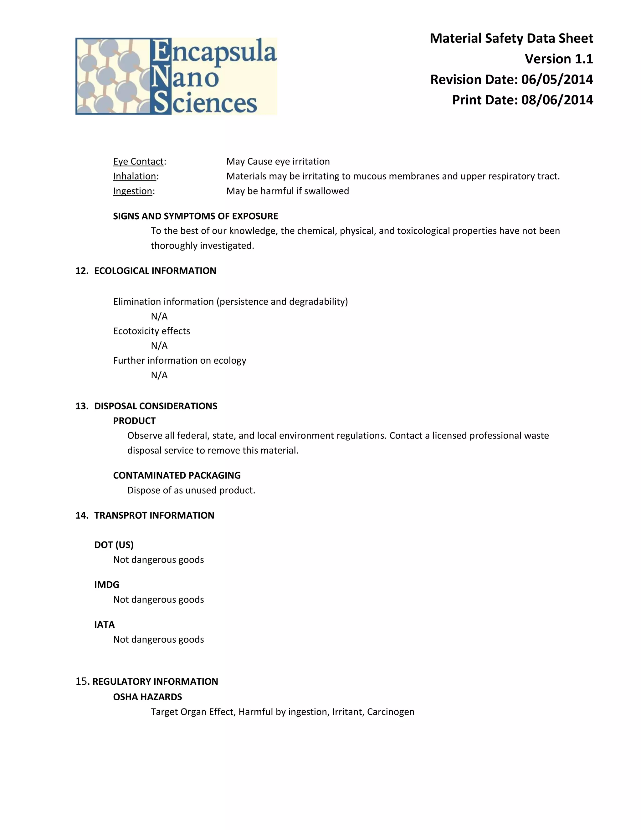 MSDS for PEGylated liposomal Doxorubicin containing NHS reactive lipid ...