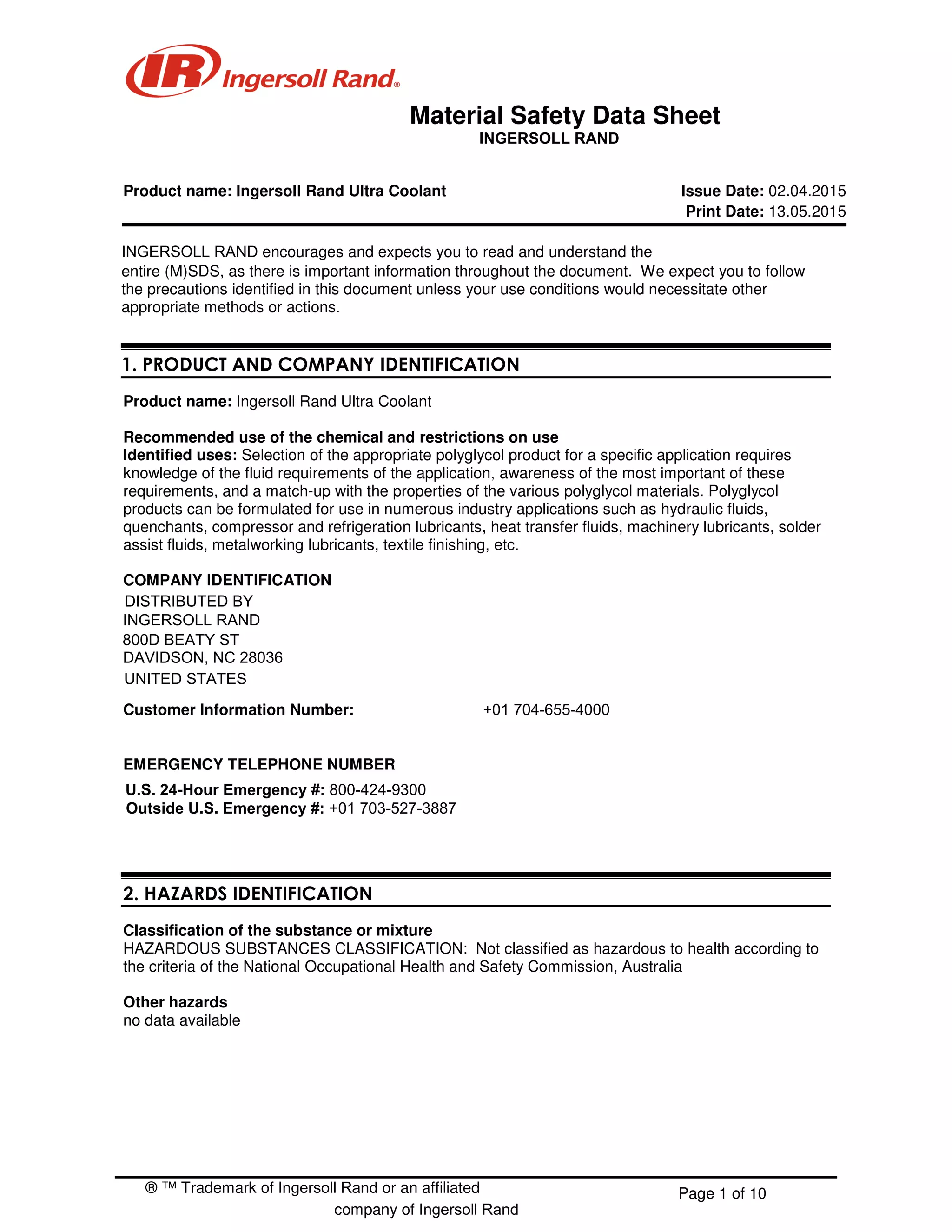 Msds ingersoll rand ultra coolant | PDF