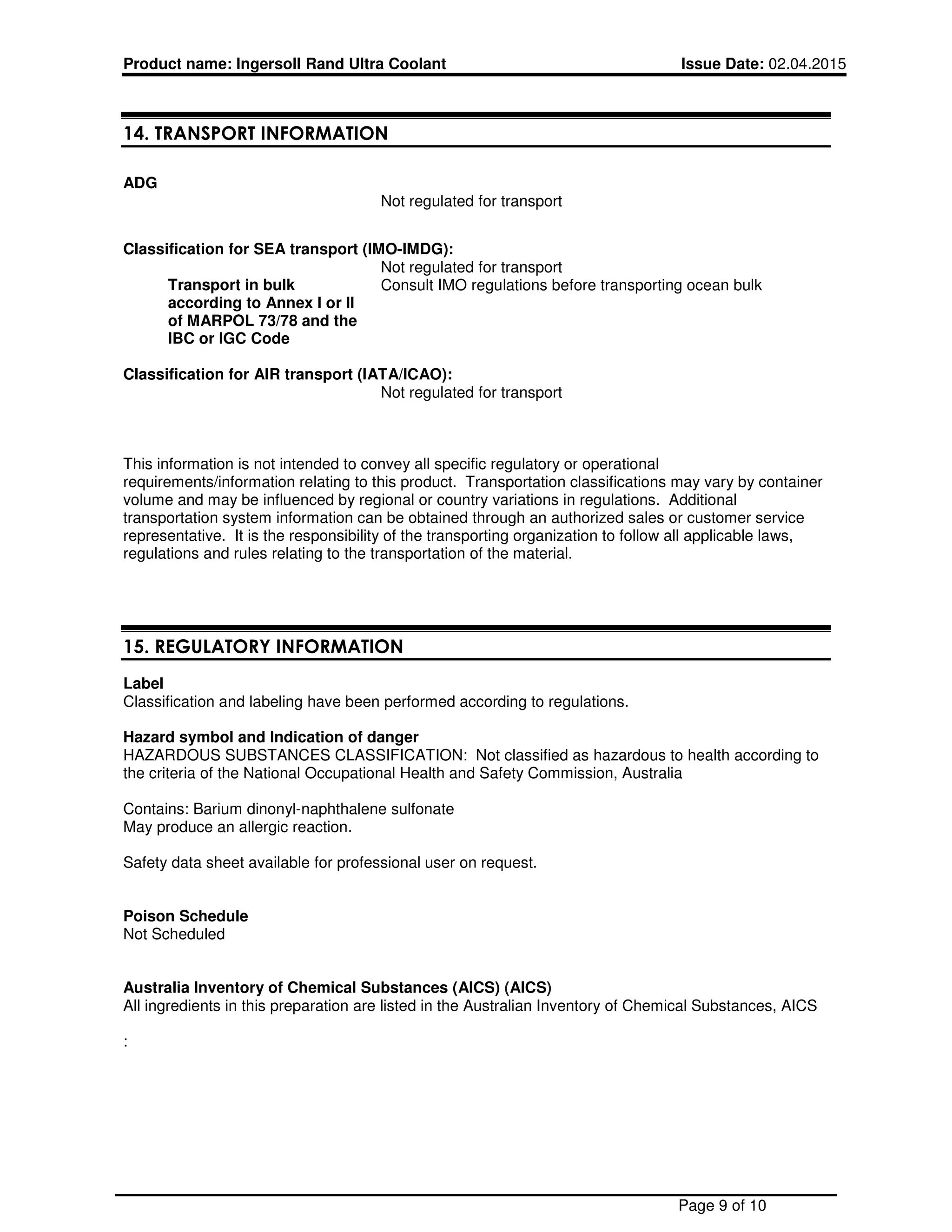 Msds ingersoll rand ultra coolant | PDF