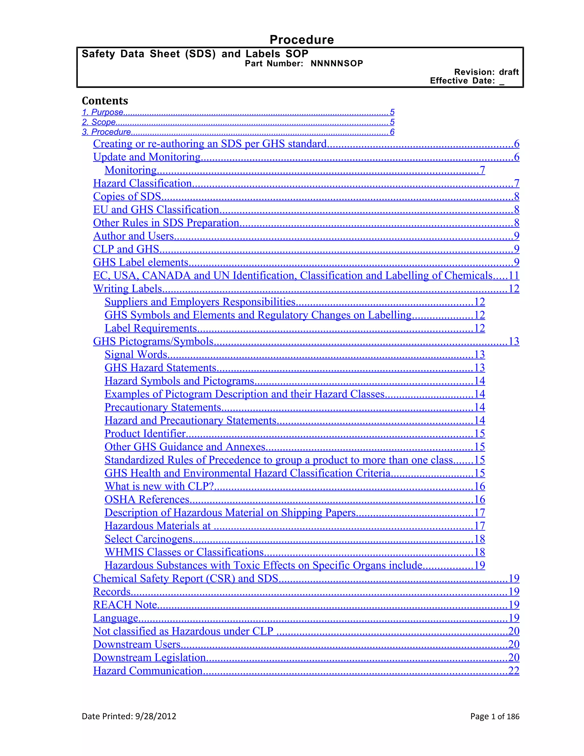 MSDS SDS labelling SOP GHS of classification labelling of chem | DOC