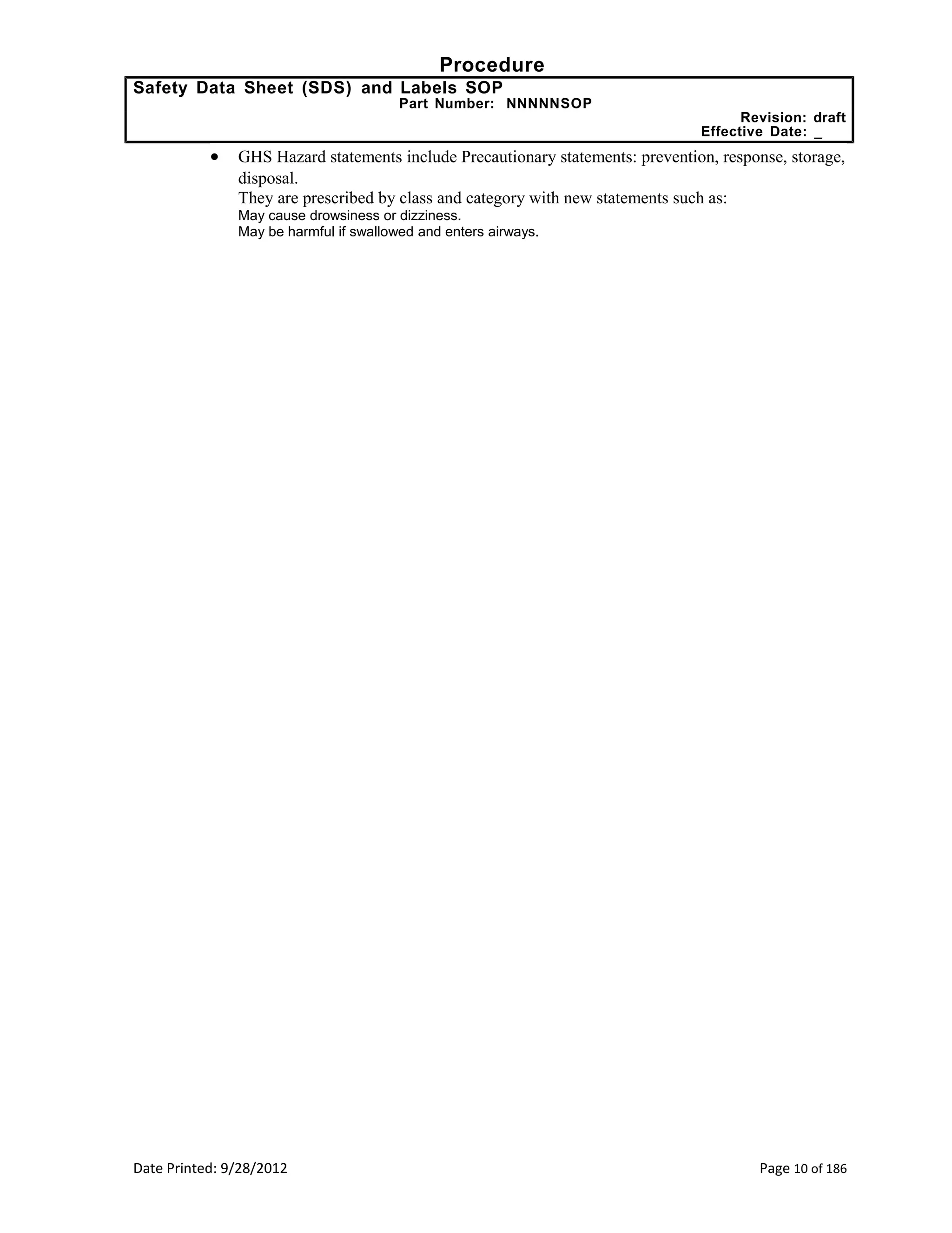 MSDS SDS labelling SOP GHS of classification labelling of chem | DOC