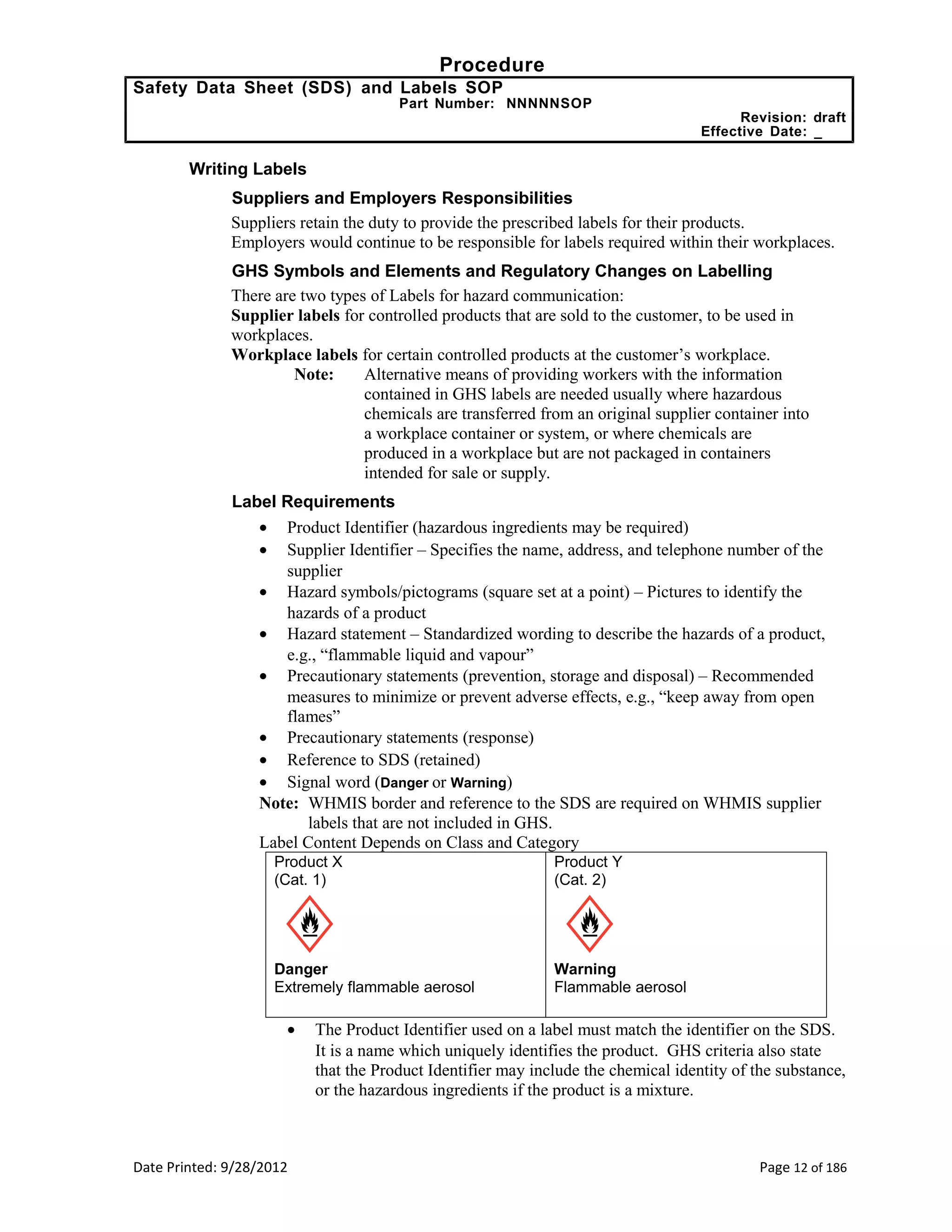 MSDS SDS labelling SOP GHS of classification labelling of chem | DOC