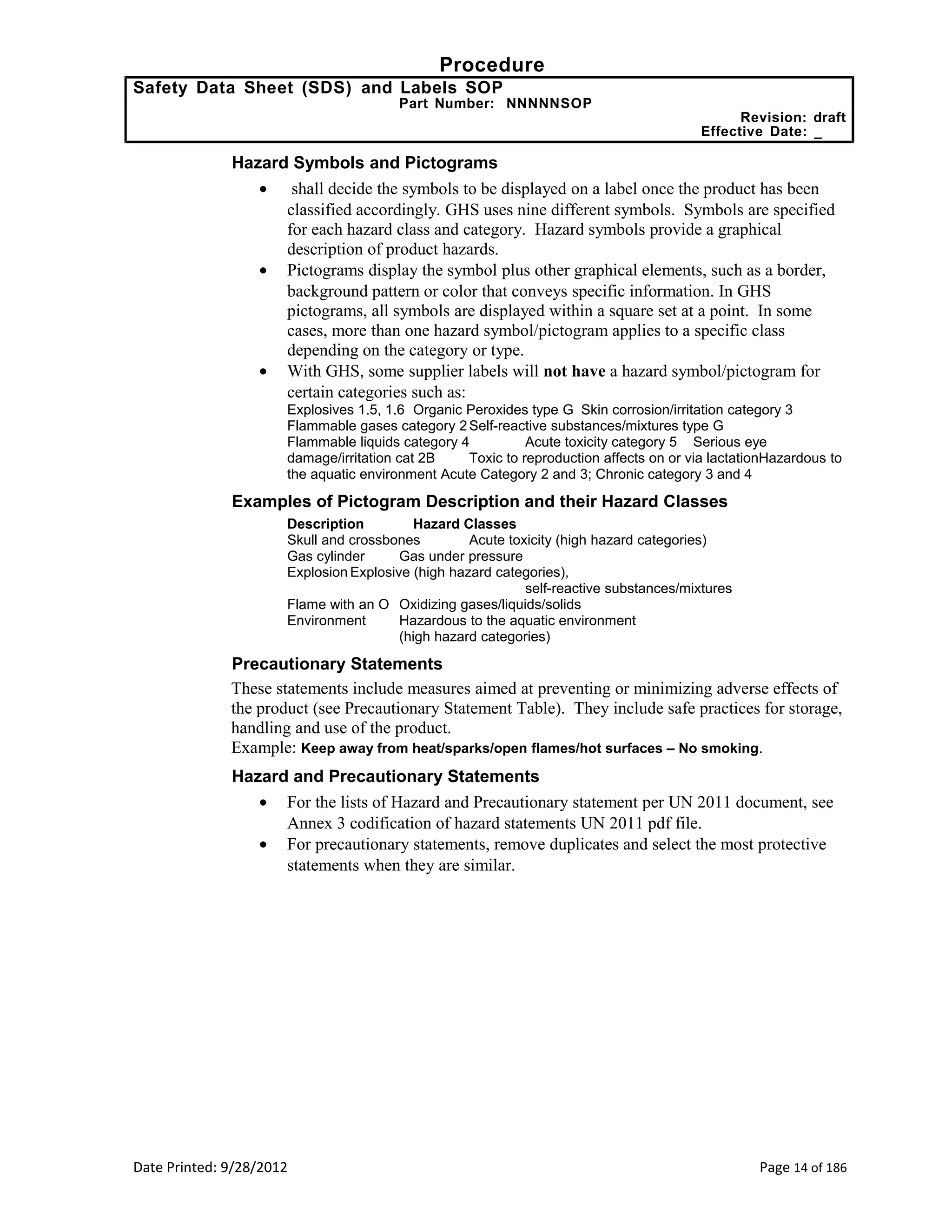 MSDS SDS labelling SOP GHS of classification labelling of chem | DOC