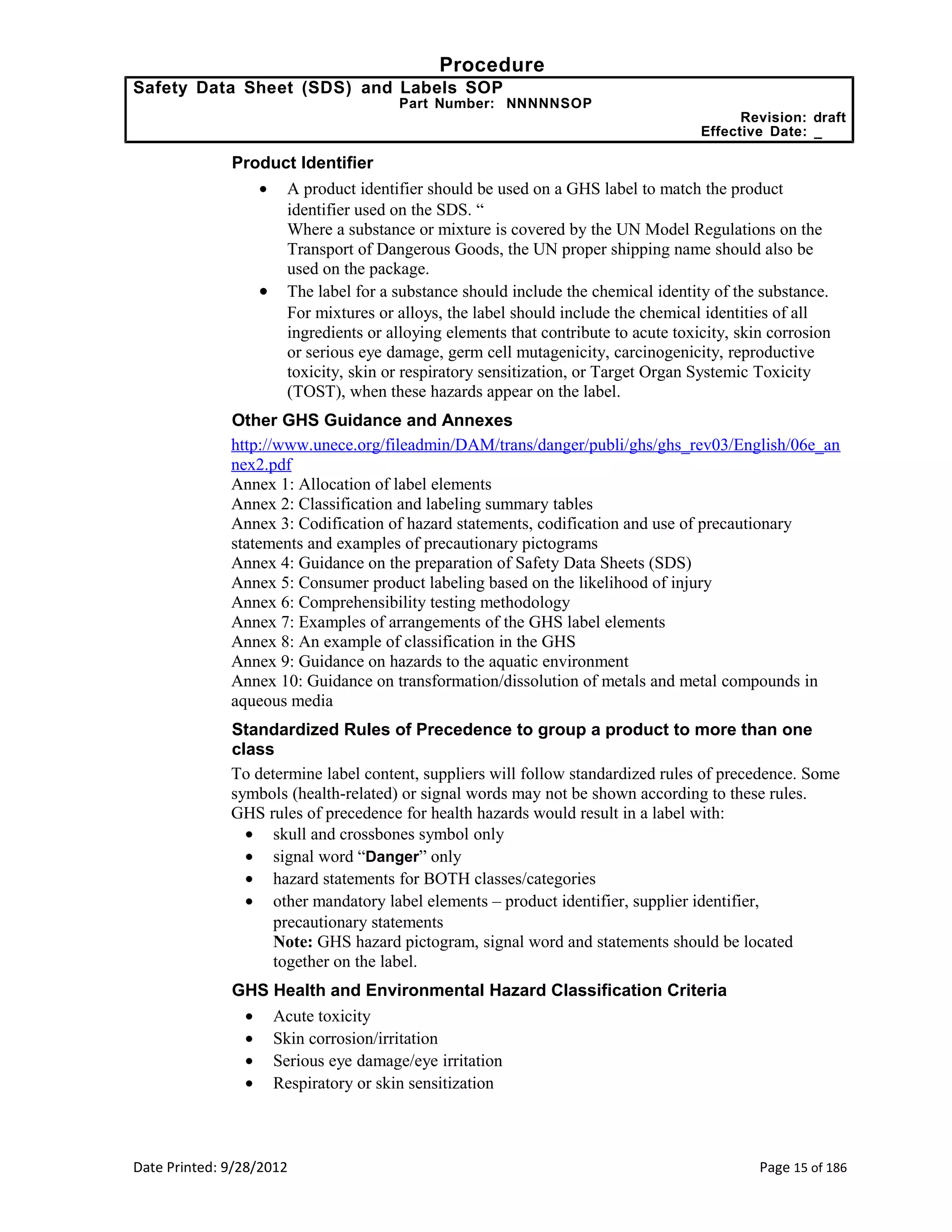 MSDS SDS labelling SOP GHS of classification labelling of chem | DOC
