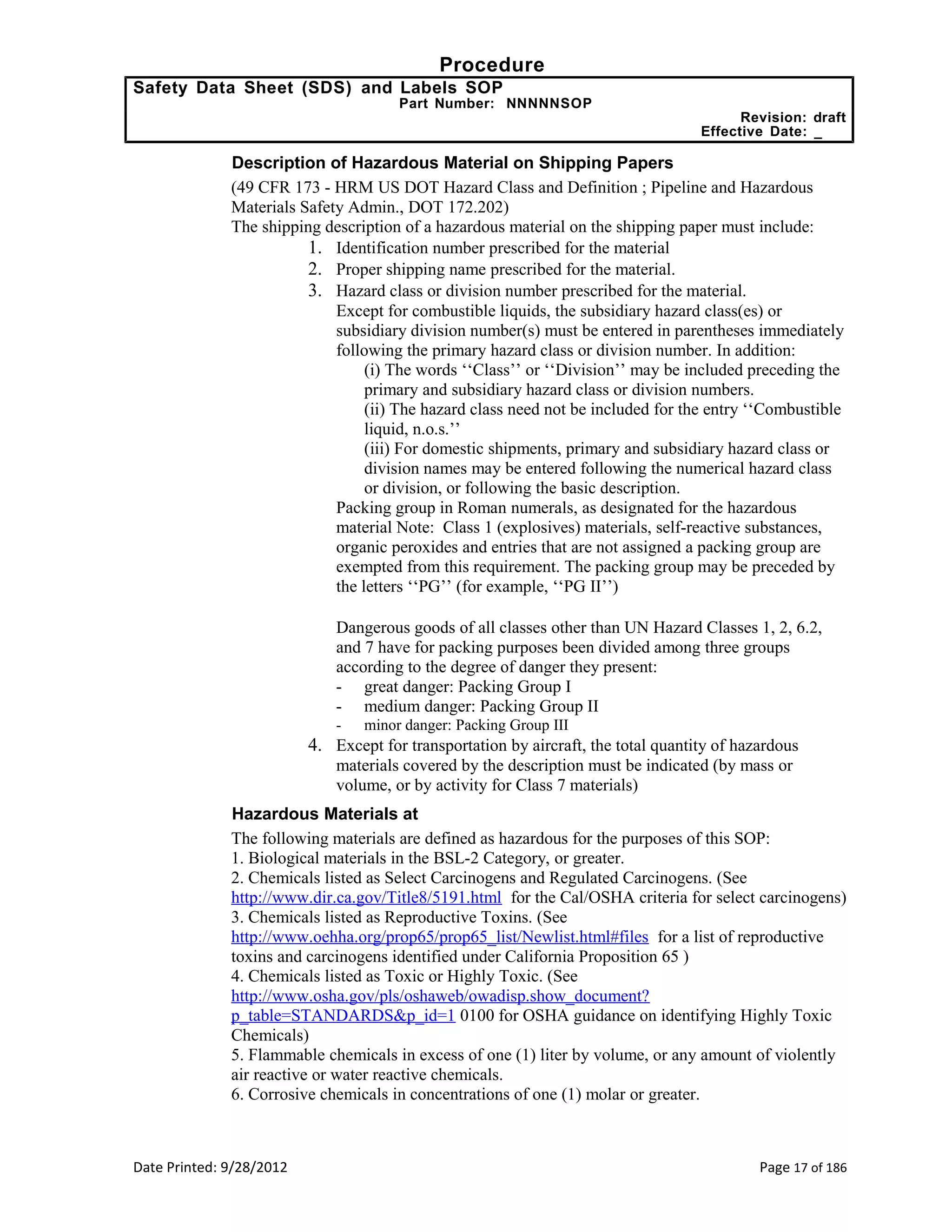 MSDS SDS labelling SOP GHS of classification labelling of chem | DOC