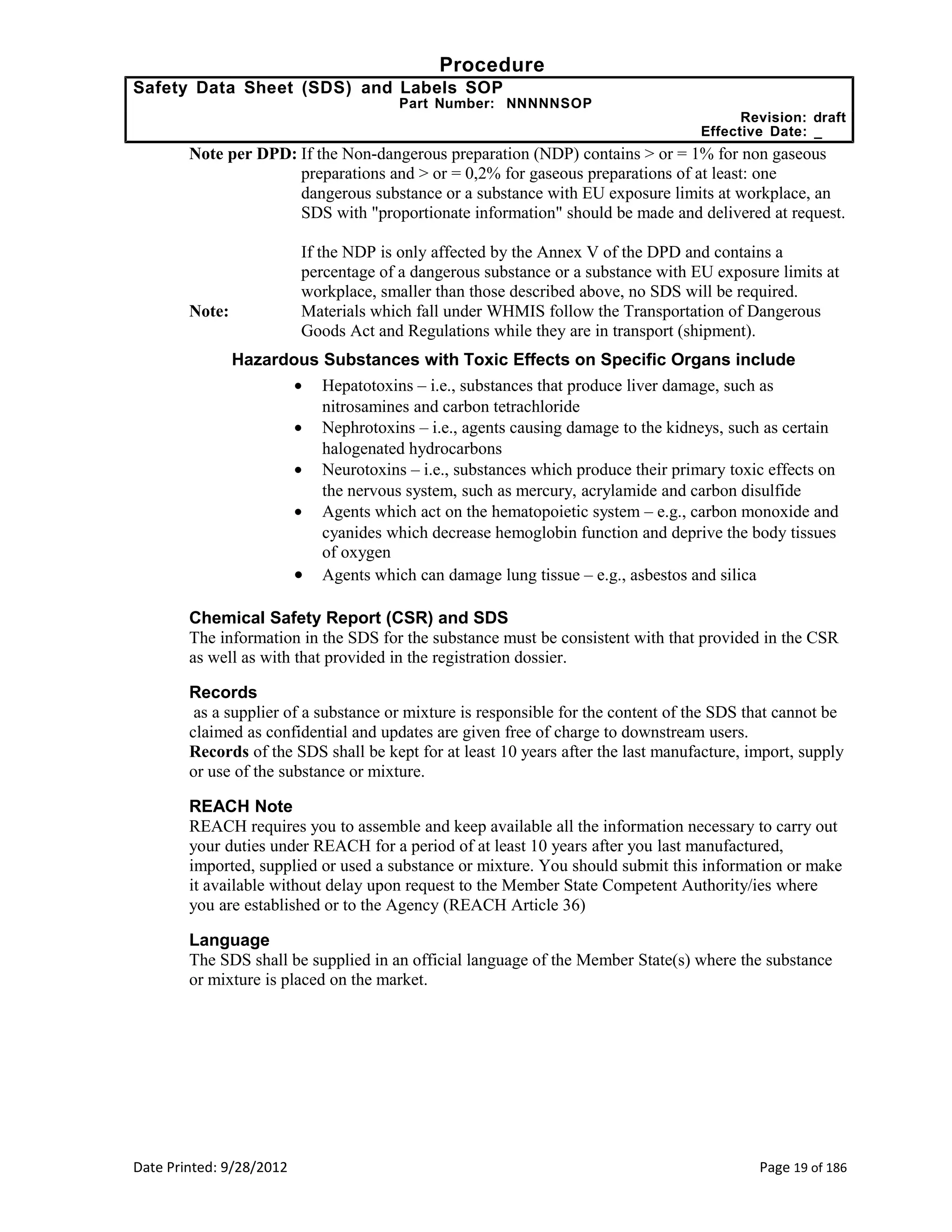 MSDS SDS labelling SOP GHS of classification labelling of chem | DOC
