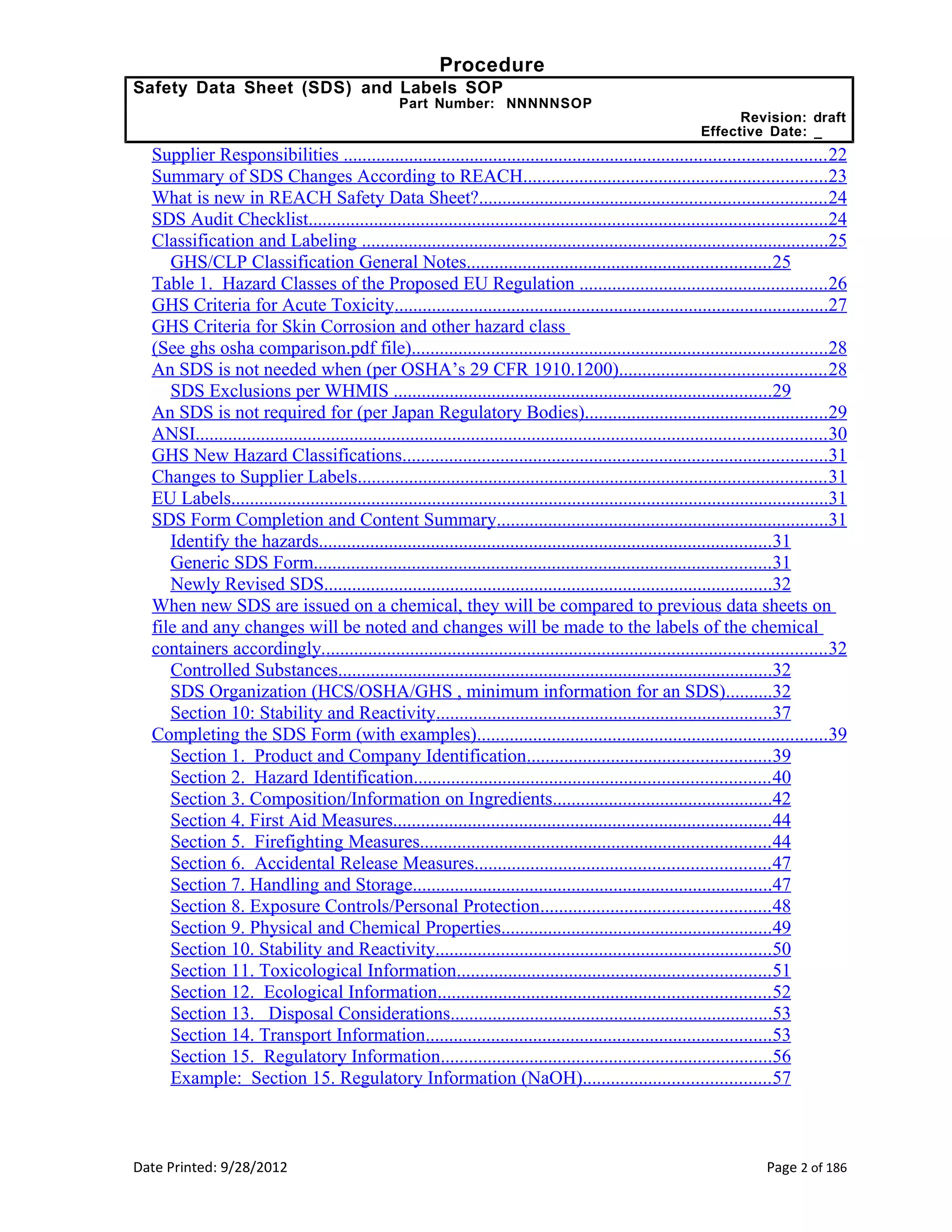MSDS SDS labelling SOP GHS of classification labelling of chem | DOC