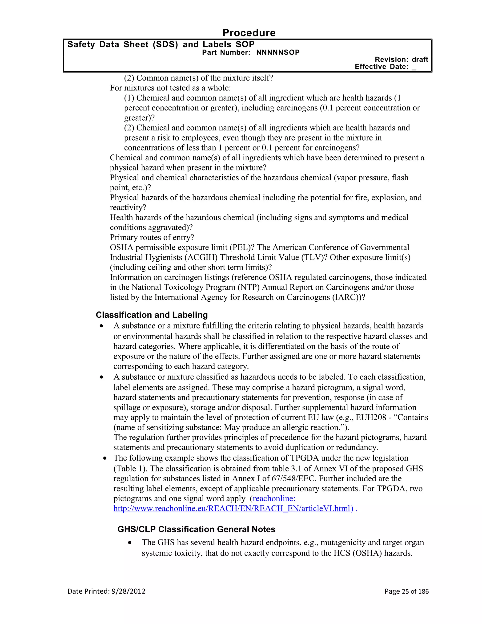 MSDS SDS labelling SOP GHS of classification labelling of chem | DOC