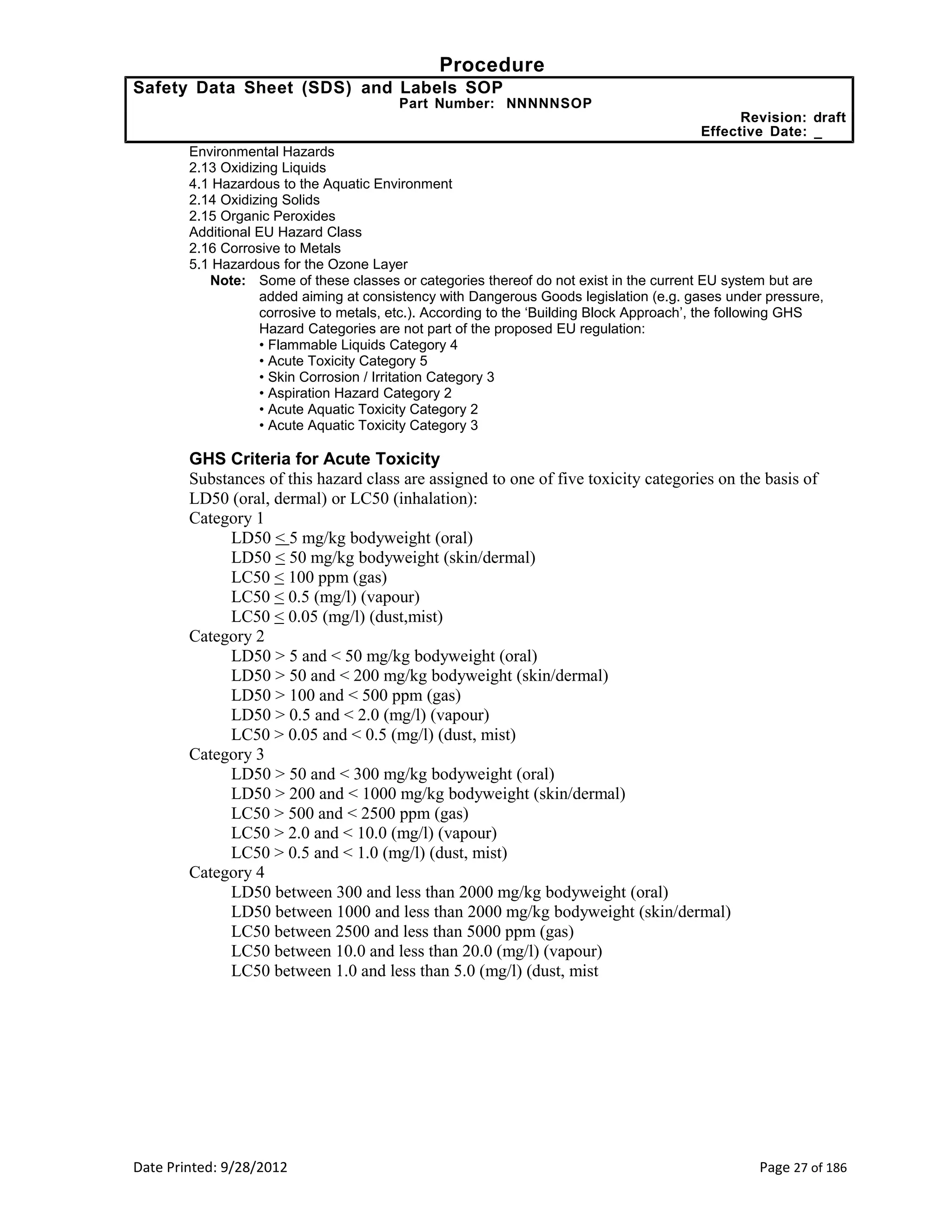 MSDS SDS labelling SOP GHS of classification labelling of chem | DOC