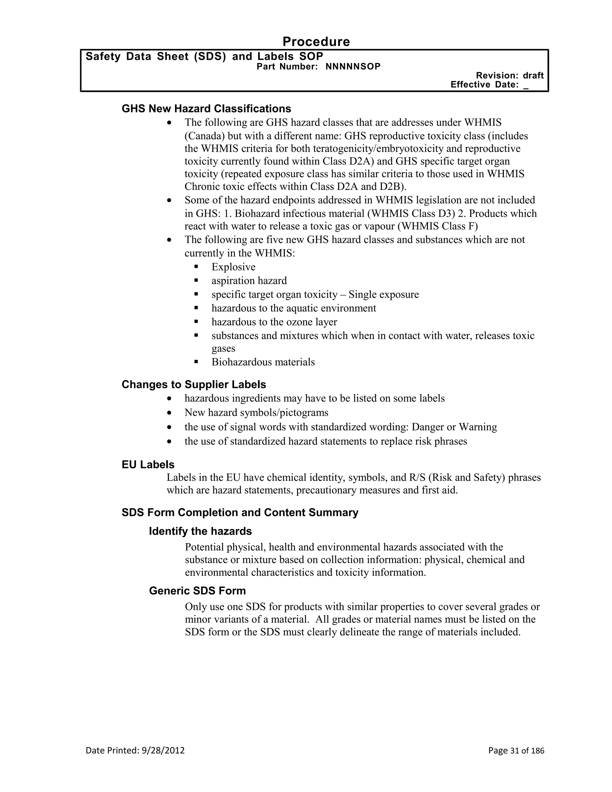 MSDS SDS labelling SOP GHS of classification labelling of chem | DOC