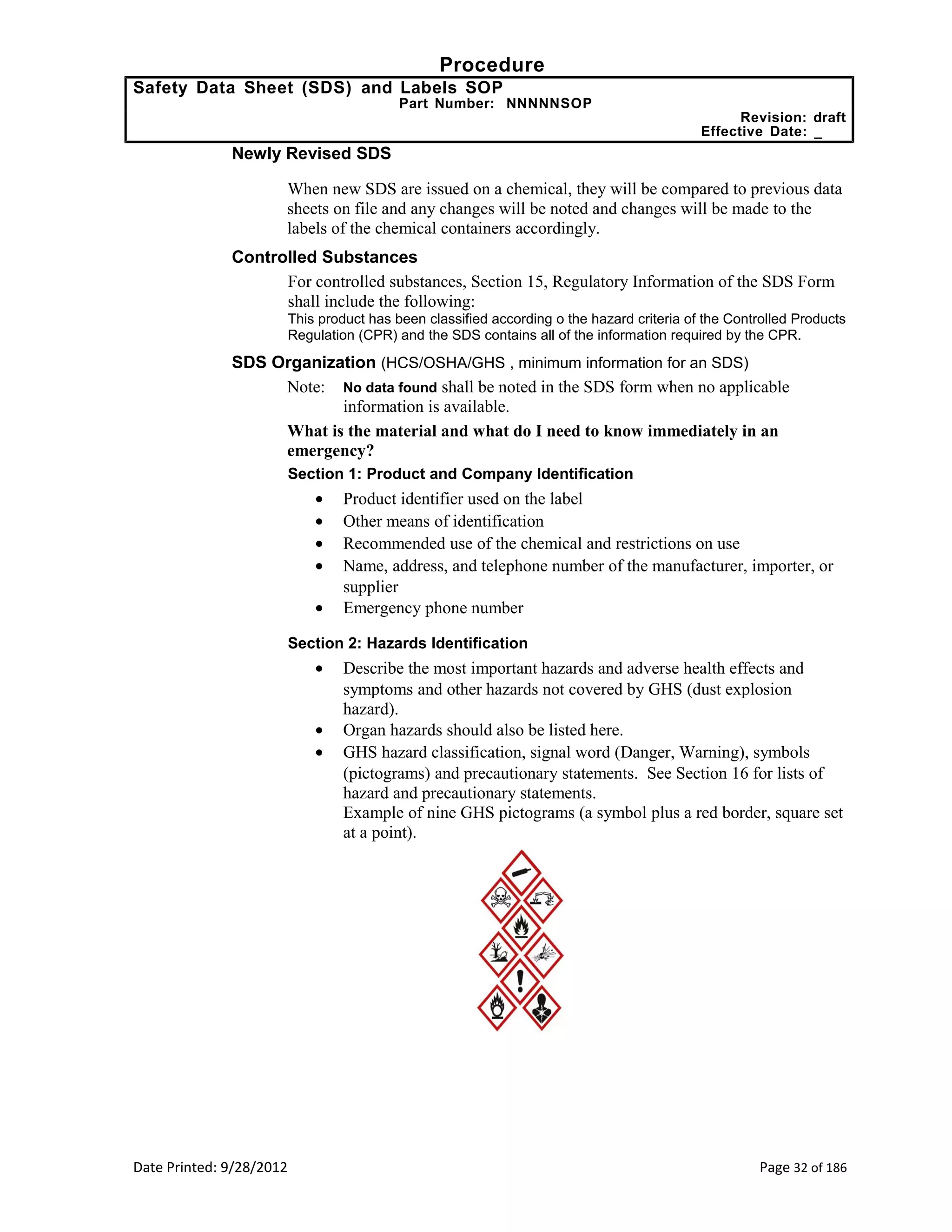 MSDS SDS labelling SOP GHS of classification labelling of chem | DOC