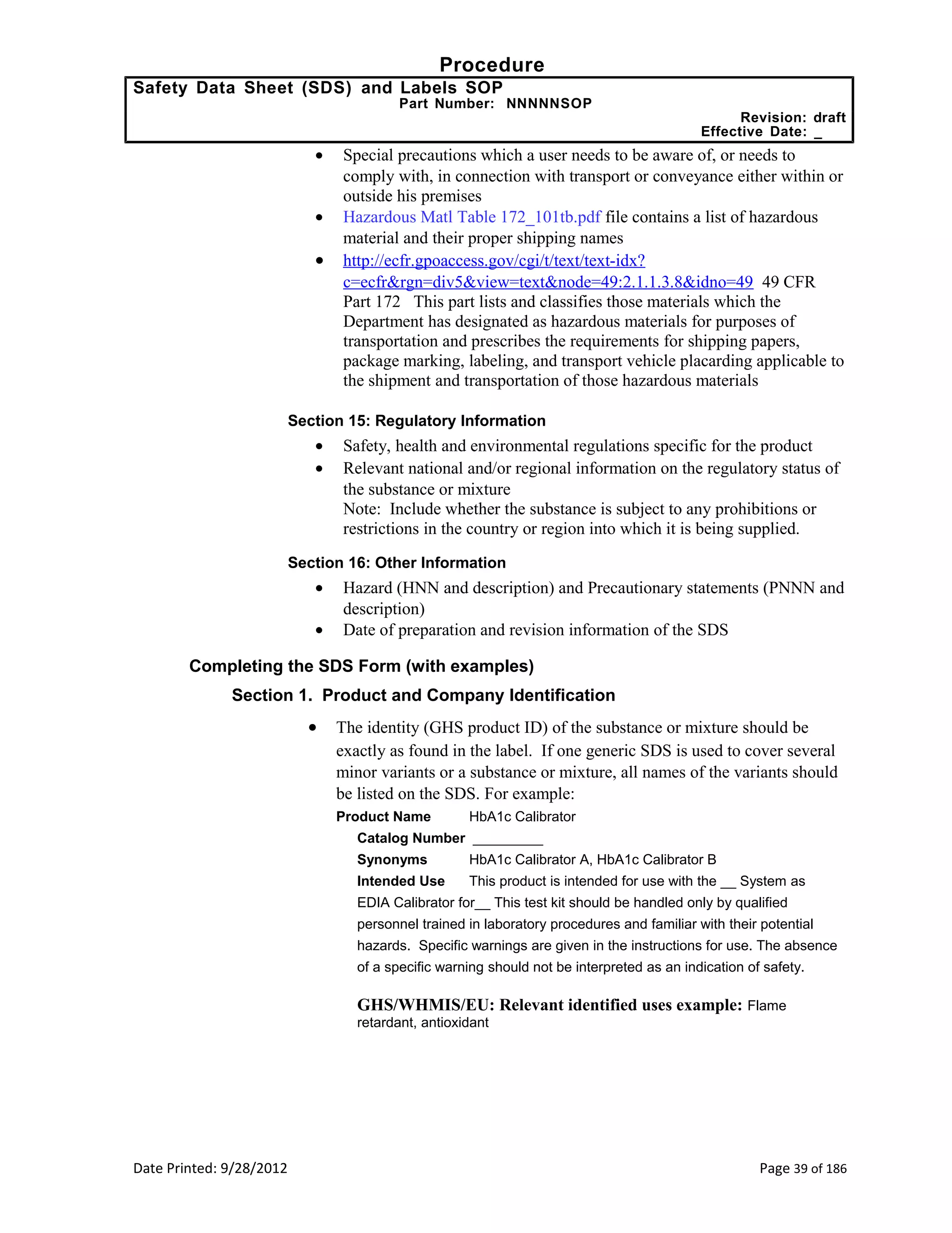 MSDS SDS labelling SOP GHS of classification labelling of chem | DOC