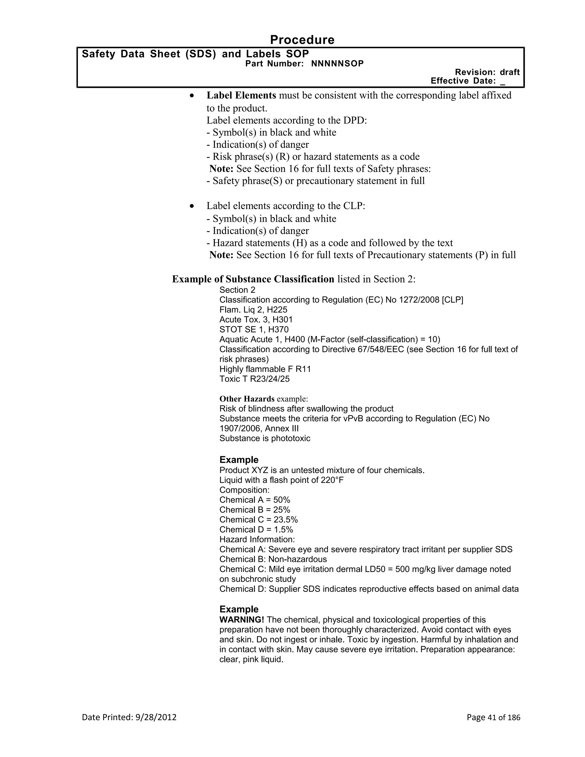 MSDS SDS labelling SOP GHS of classification labelling of chem | DOC