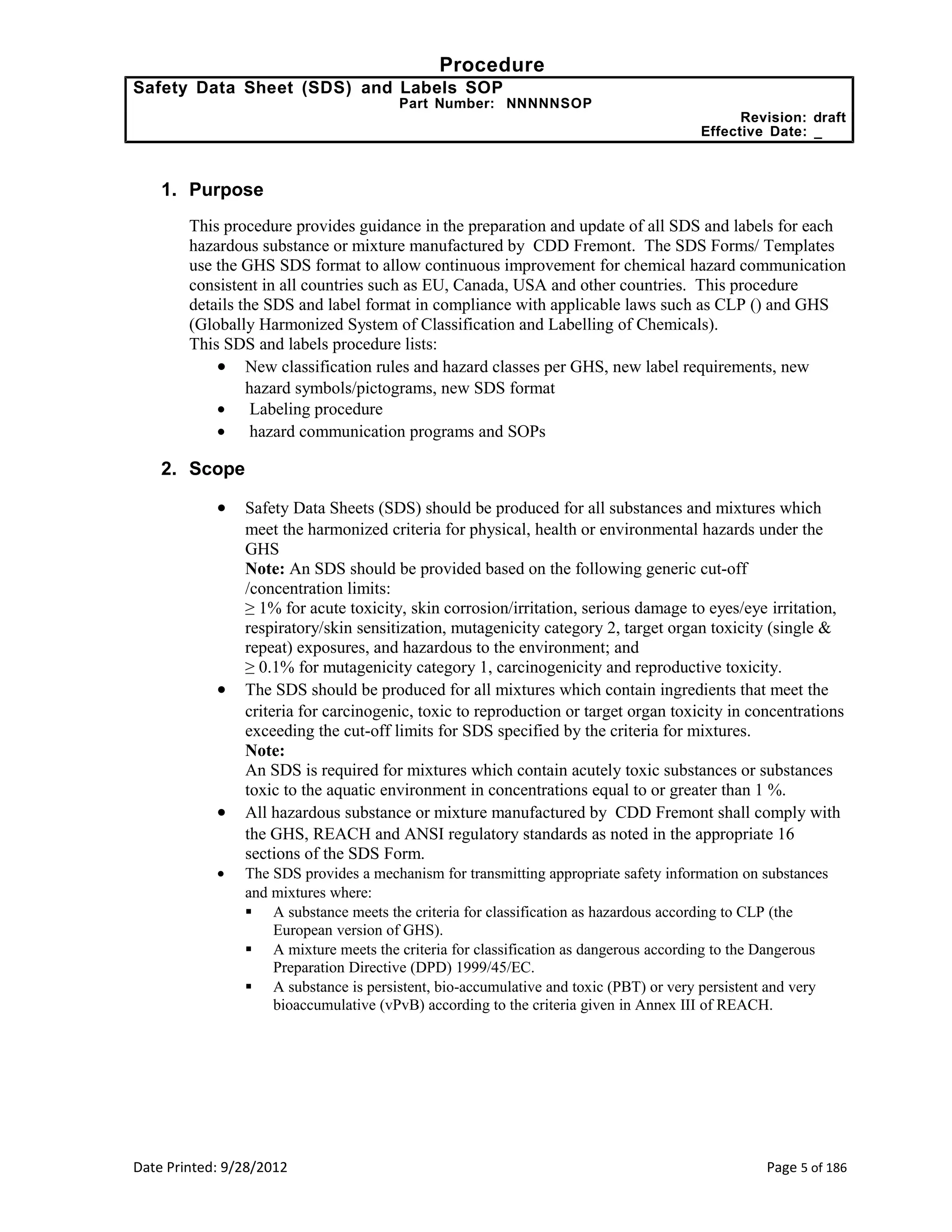 MSDS SDS labelling SOP GHS of classification labelling of chem | DOC