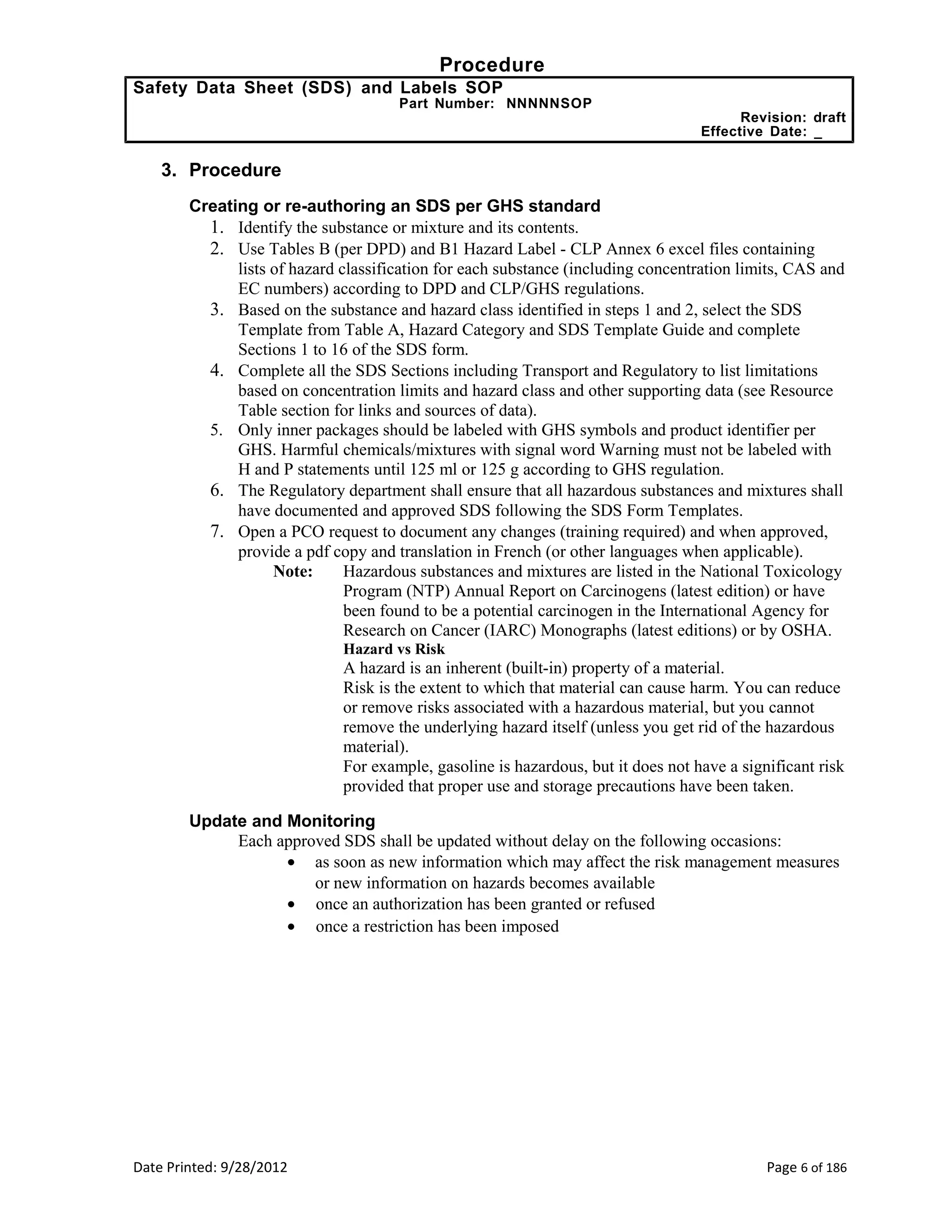 MSDS SDS labelling SOP GHS of classification labelling of chem | DOC
