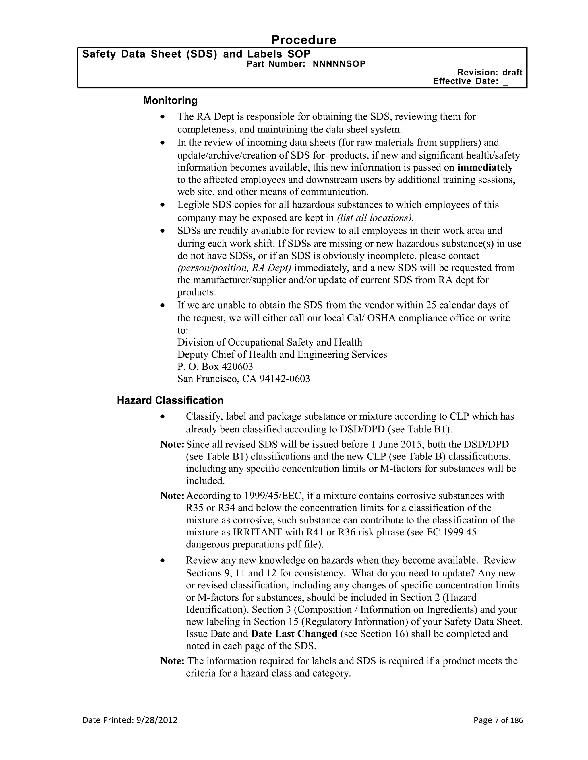 MSDS SDS labelling SOP GHS of classification labelling of chem | DOC