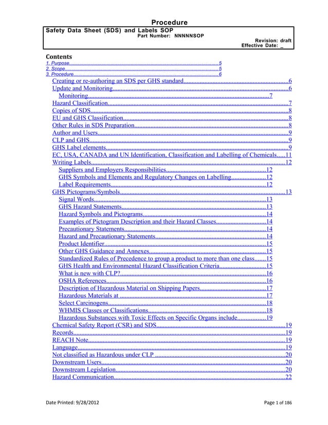 MSDS SDS labelling SOP GHS of classification labelling of chem | DOC