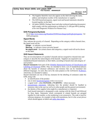 MSDS SDS labelling SOP GHS of classification labelling of chem | DOC