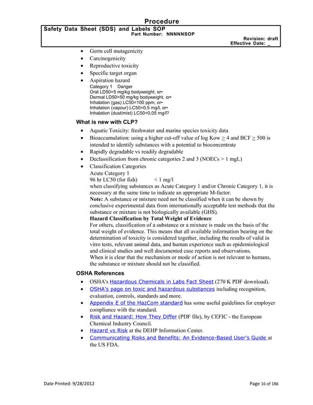 MSDS SDS labelling SOP GHS of classification labelling of chem | DOC