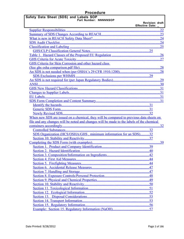 MSDS SDS labelling SOP GHS of classification labelling of chem | DOC