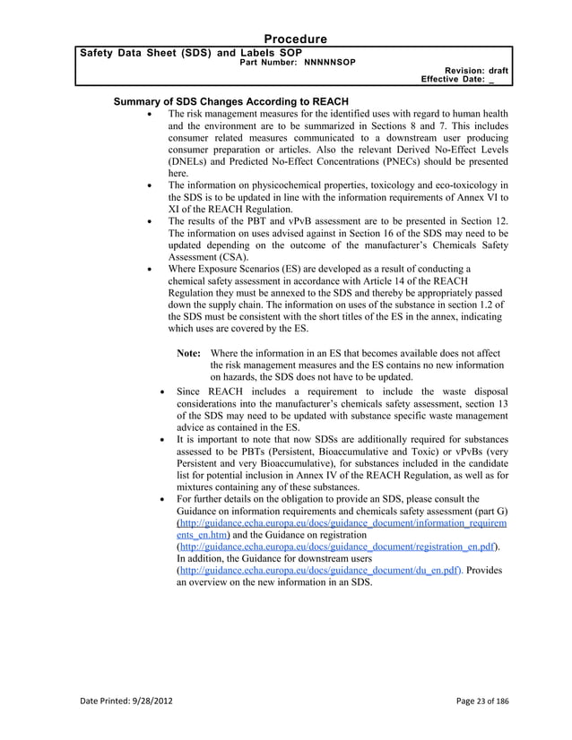 MSDS SDS labelling SOP GHS of classification labelling of chem | DOC