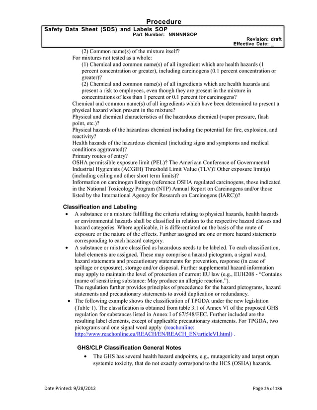MSDS SDS labelling SOP GHS of classification labelling of chem | DOC