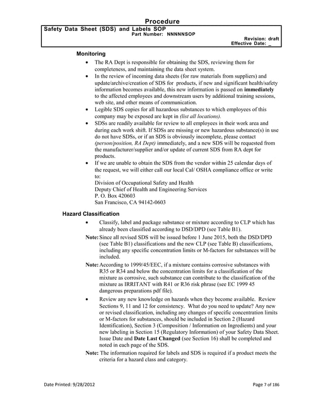 MSDS SDS labelling SOP GHS of classification labelling of chem | DOC