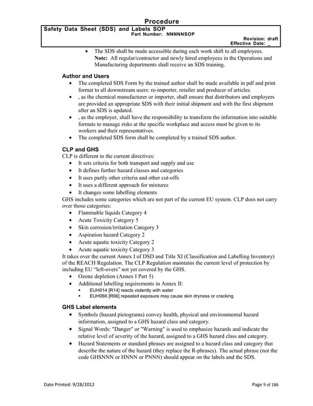 MSDS SDS labelling SOP GHS of classification labelling of chem | DOC