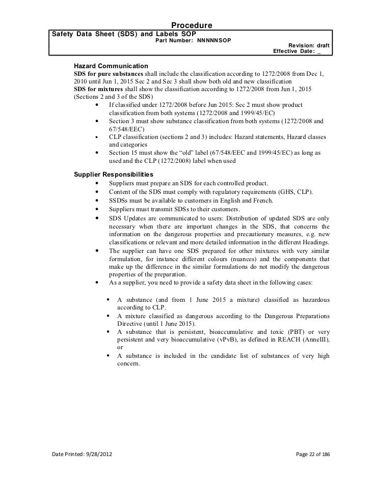 MSDS SDS labelling SOP GHS of classification labelling of chem