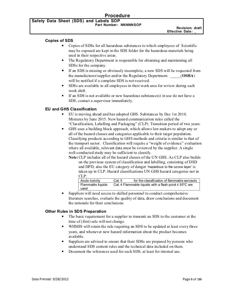 MSDS SDS labelling SOP GHS of classification labelling of chem